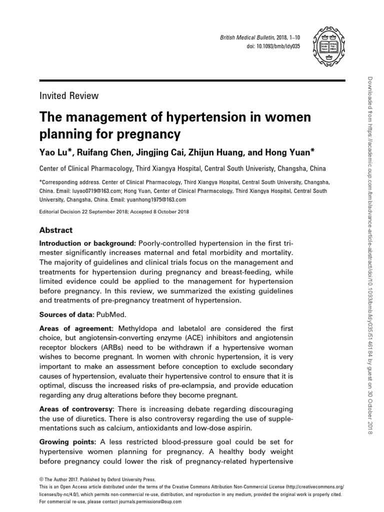 The Management of Hypertension in Women Planning For Pregnancy | PDF ...