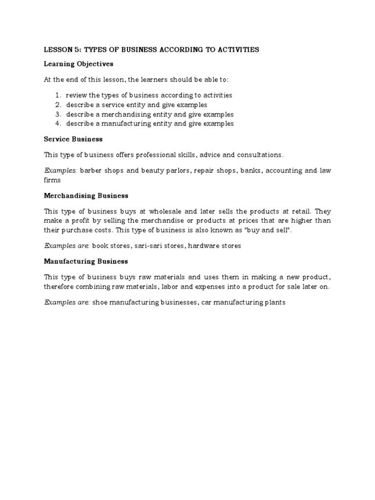LESSON 5 Types of Business According To Activities | PDF