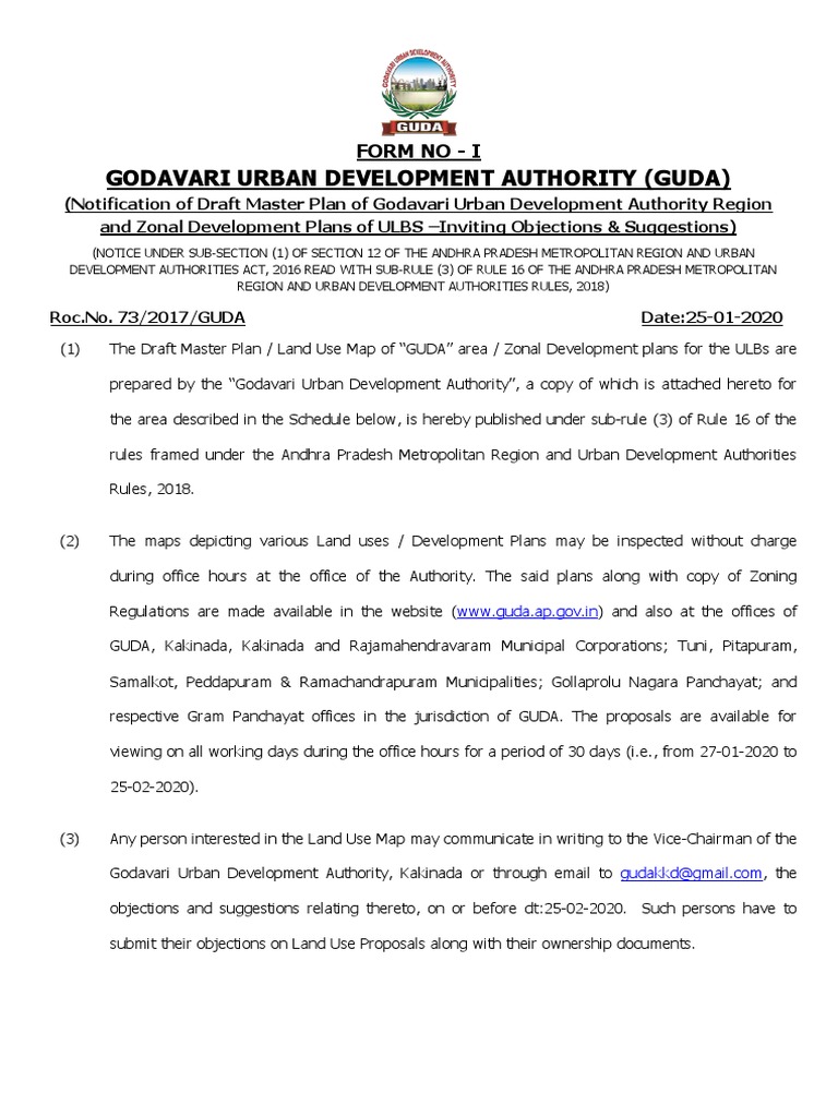Godavari Urban Development Authority (Guda) : Form No - I | PDF