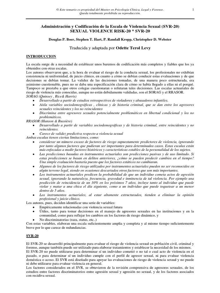 Escala de Riesgo de Violencia Sexual SVR - 20 | PDF | Violencia | Abuso sexual