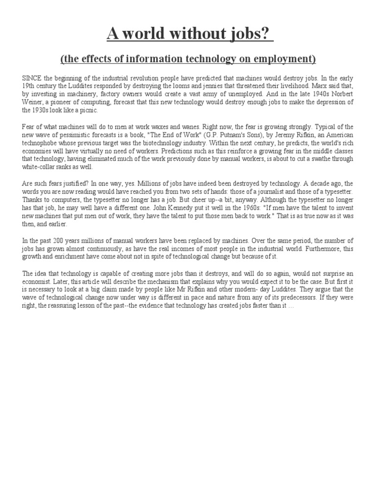 A World Without Jobs (The Effects of Information Technology On ...