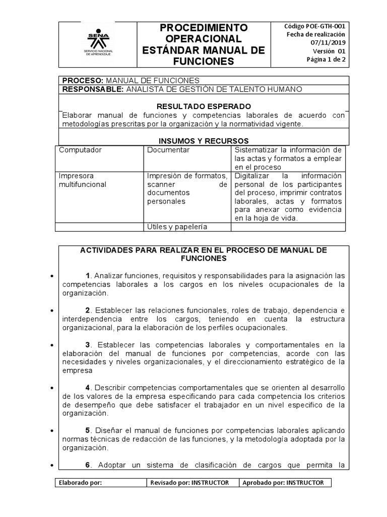 Procedimiento Operacional Estándar Manual de Funciones | PDF ...
