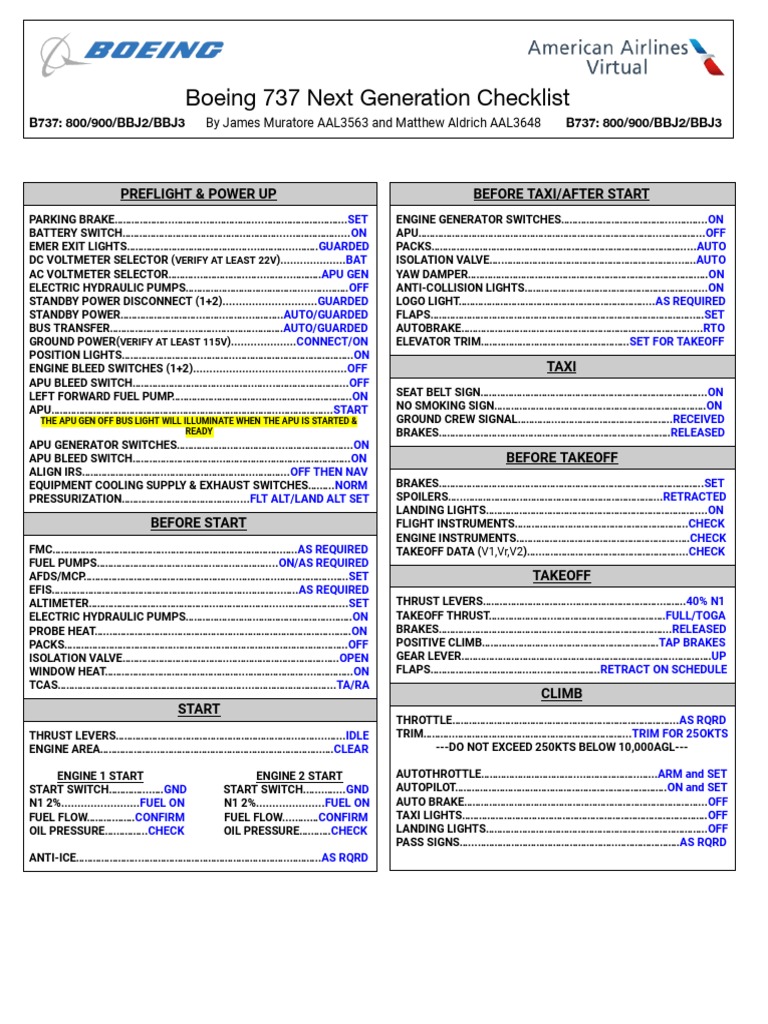 Boeing 737 Next Generation Checklist: Preflight & Power Up Before Taxi ...