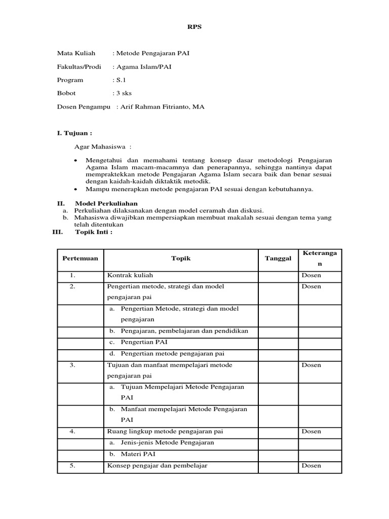 Metode Pengajaran PAI: RPS dan Tujuan | PDF | Karier & Perkembangan | Seni