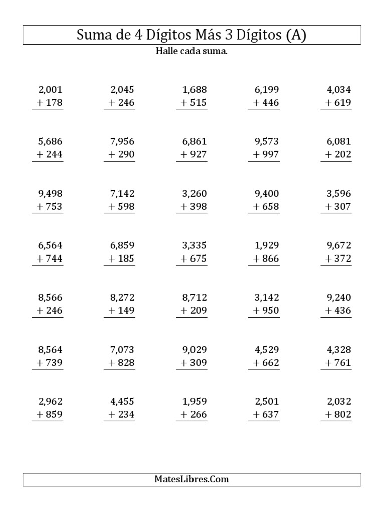 Suma de 4 Dígitos Más 3 Dígitos (A) | PDF