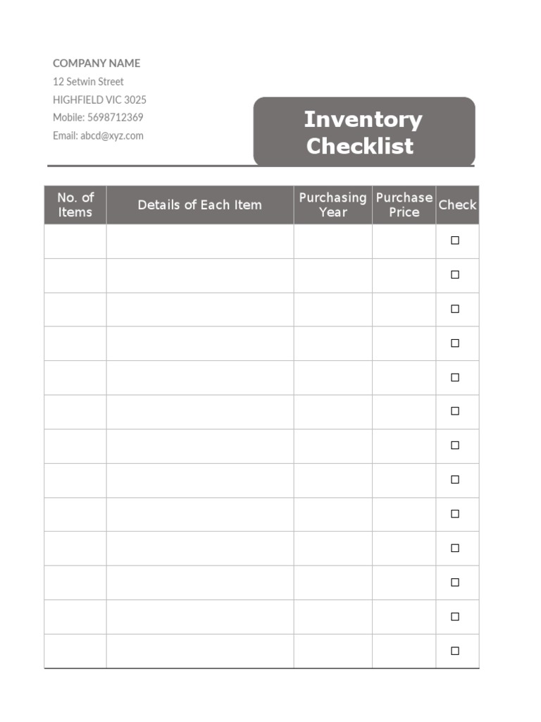 Inventory Checklist: Details of Each Item Check No. of Items Purchasing ...