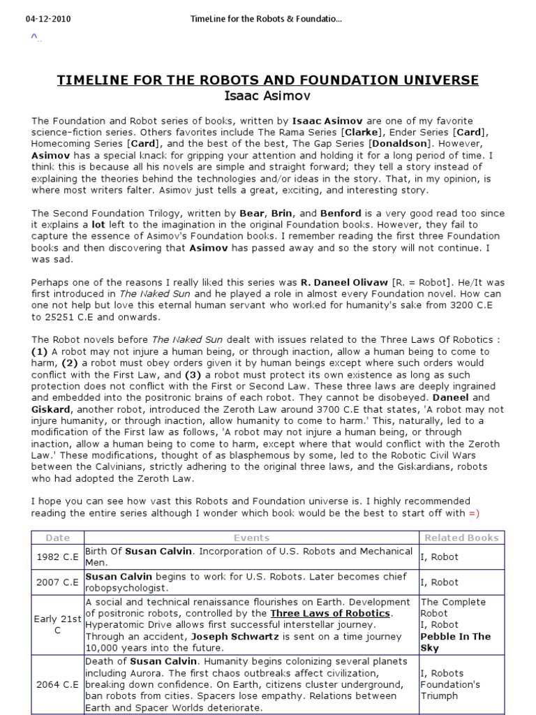 TimeLine For The Robots & Foundations Universe | PDF | Foundation ...