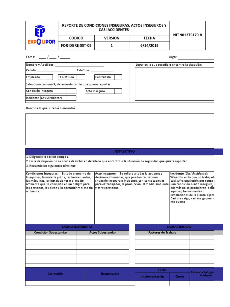 FOR-DGRE-SST-09 Registro Reporte de Actos Inseguros, Condiciones ...