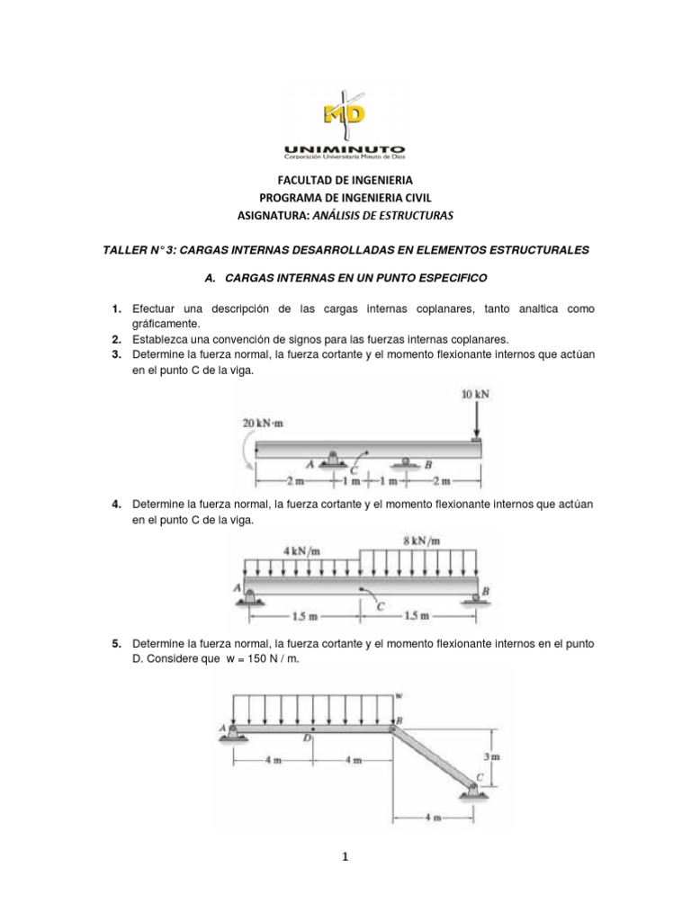 Taller #3 Cargas Internas Desarrolladas en Elementos Estructurales | PDF