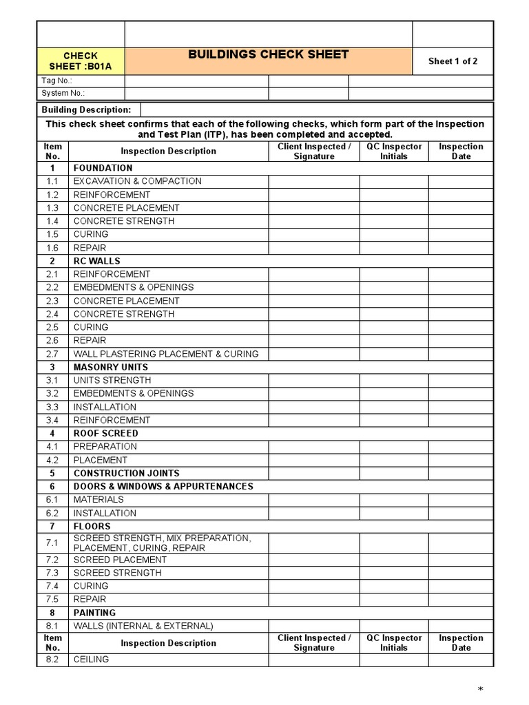 Building Checksheet - Copy1 | PDF | Wall | Concrete