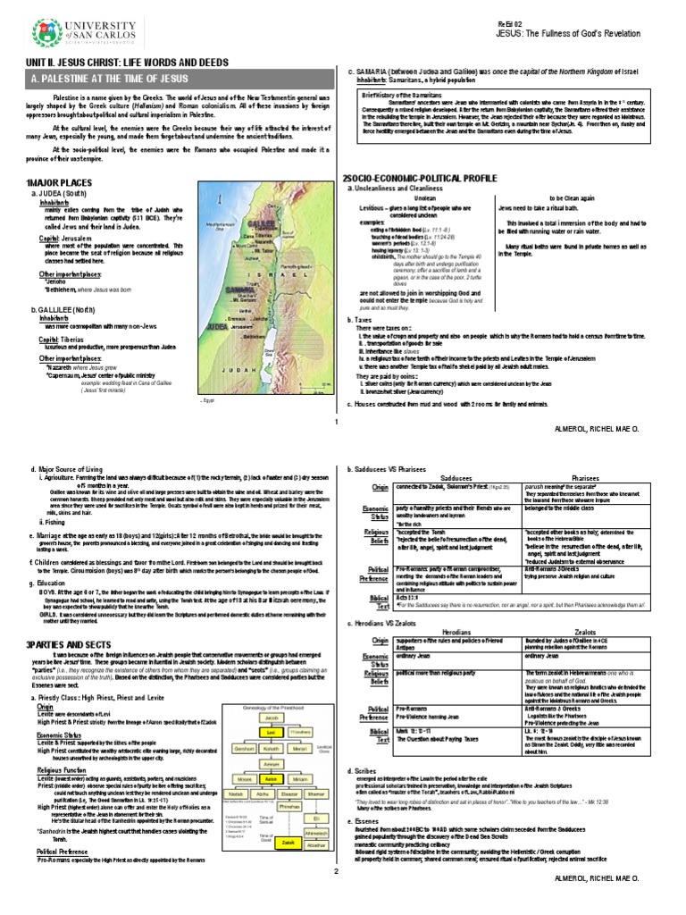 A. Palestine at The Time of Jesus: Unit Ii. Jesus Christ: Life Words ...