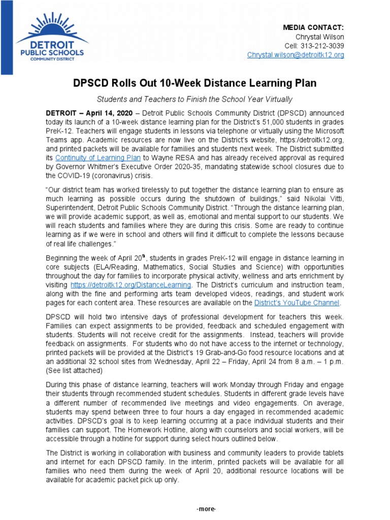 DPSCD 10-Week Distance Learning Plan | PDF | Distance Education | Schools