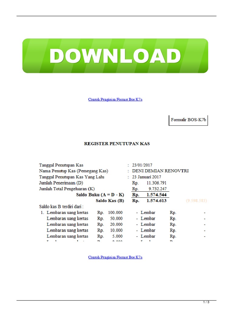 Contoh Pengisian Format Bos K7a PDF | PDF