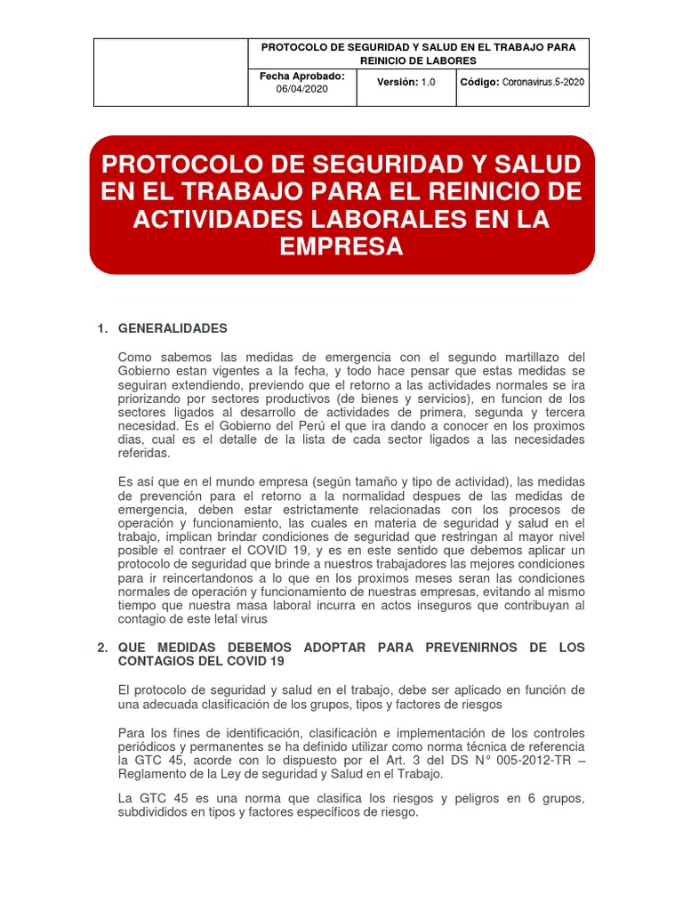 5 Protocolo de SST para El Reinicio de Actividades Laborales en La Empresa PDF | Descargar ...