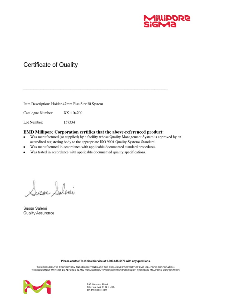 Certificate of Quality: EMD Millipore Corporation Certifies That The ...
