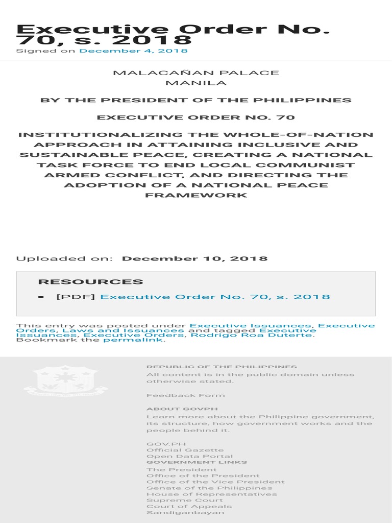 Executive Order No. 70, S. 2018 Official Gazette of The Republic of The ...