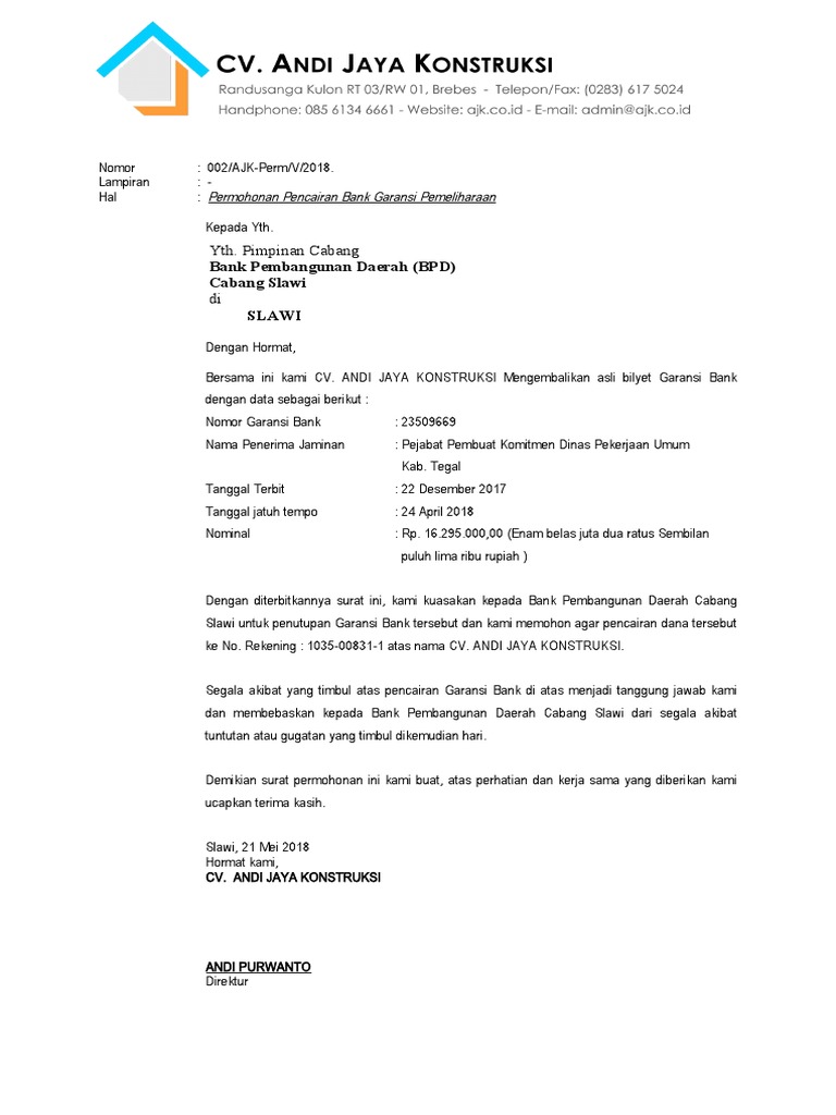 Surat Permohonan Pencairan Garansi Bank Pemeliharaan | PDF