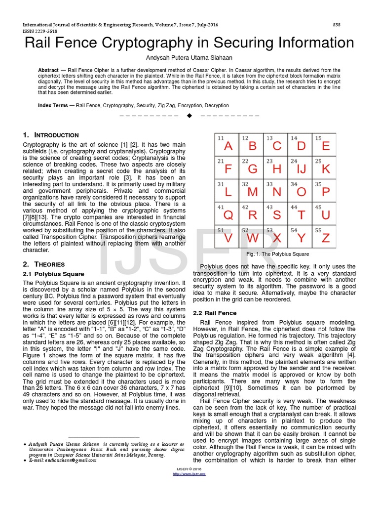 Ijser: Rail Fence Cryptography in Securing Information | Download Free ... Ijser: Rail Fence Cryptography in Securing Information | Download Free ...