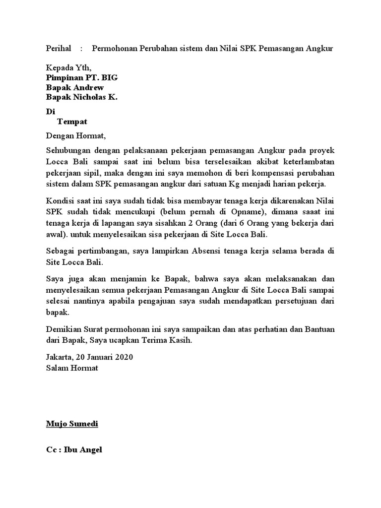 Surat Permohonan Perubahan Sistem Dan Nlai SPK Pemasangan Angkur Proyek ...