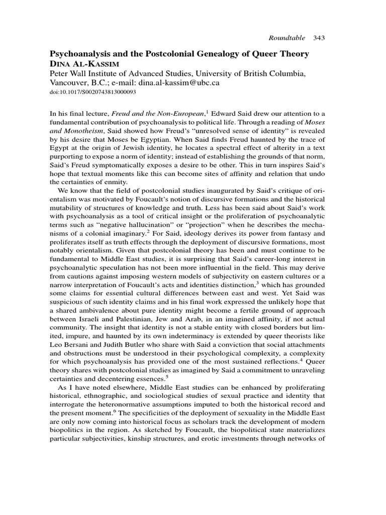 Psychoanalysis and The Postcolonial Genealogy of Queer Theory D A - K ...