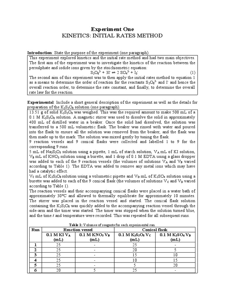 Kinetics: Initial Rates Method: Experiment One | PDF | Reaction Rate ...