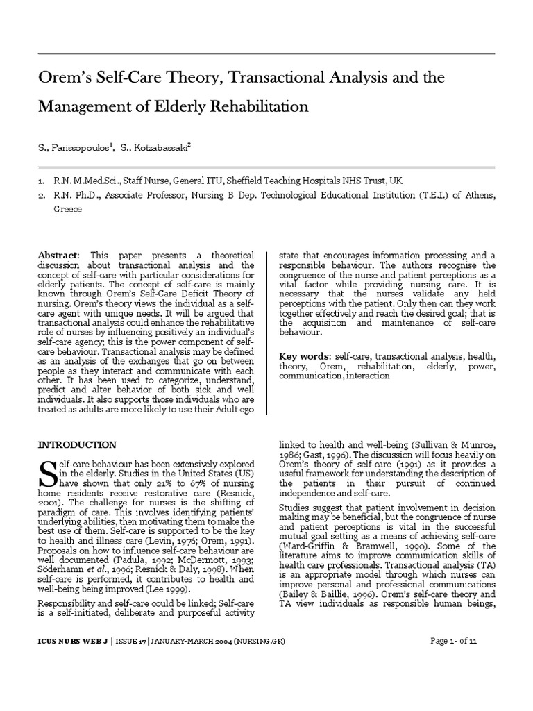 Orem's Self-Care Theory, Transactional Analysis and The Management of ...