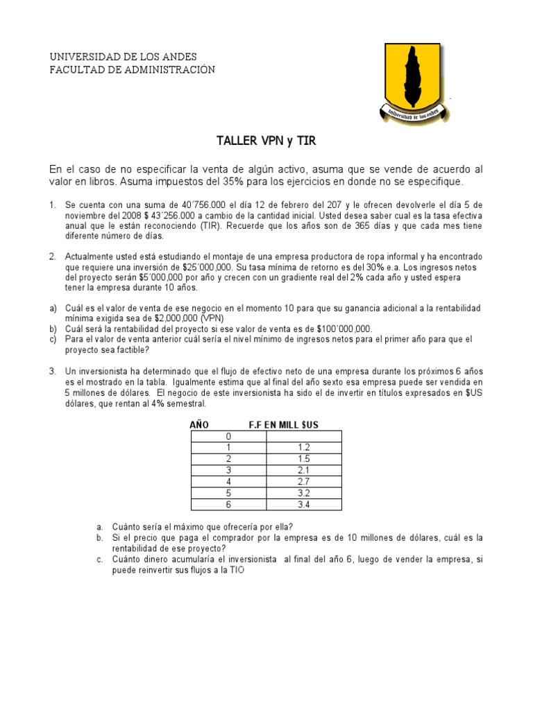 Taller VPN y TIR | PDF | Valor presente neto | Dinero