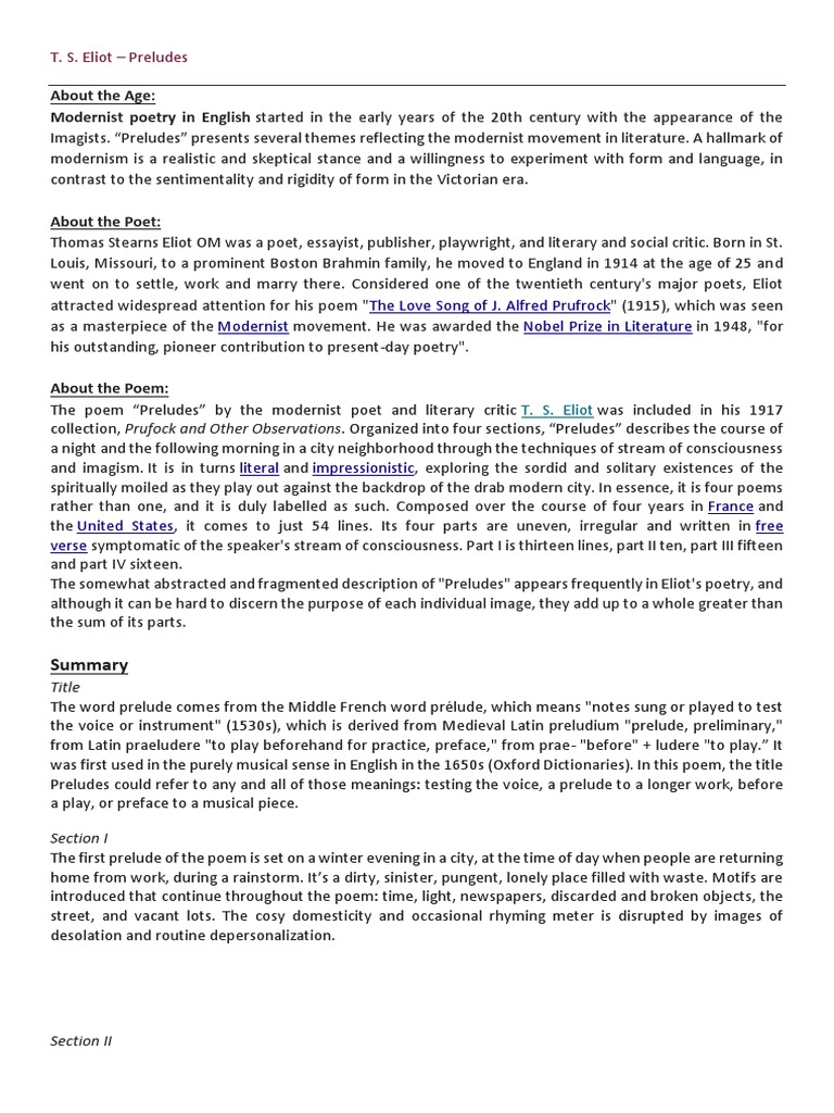 Notes On Preludes by T S Eliot | PDF | T. S. Eliot | Poetry