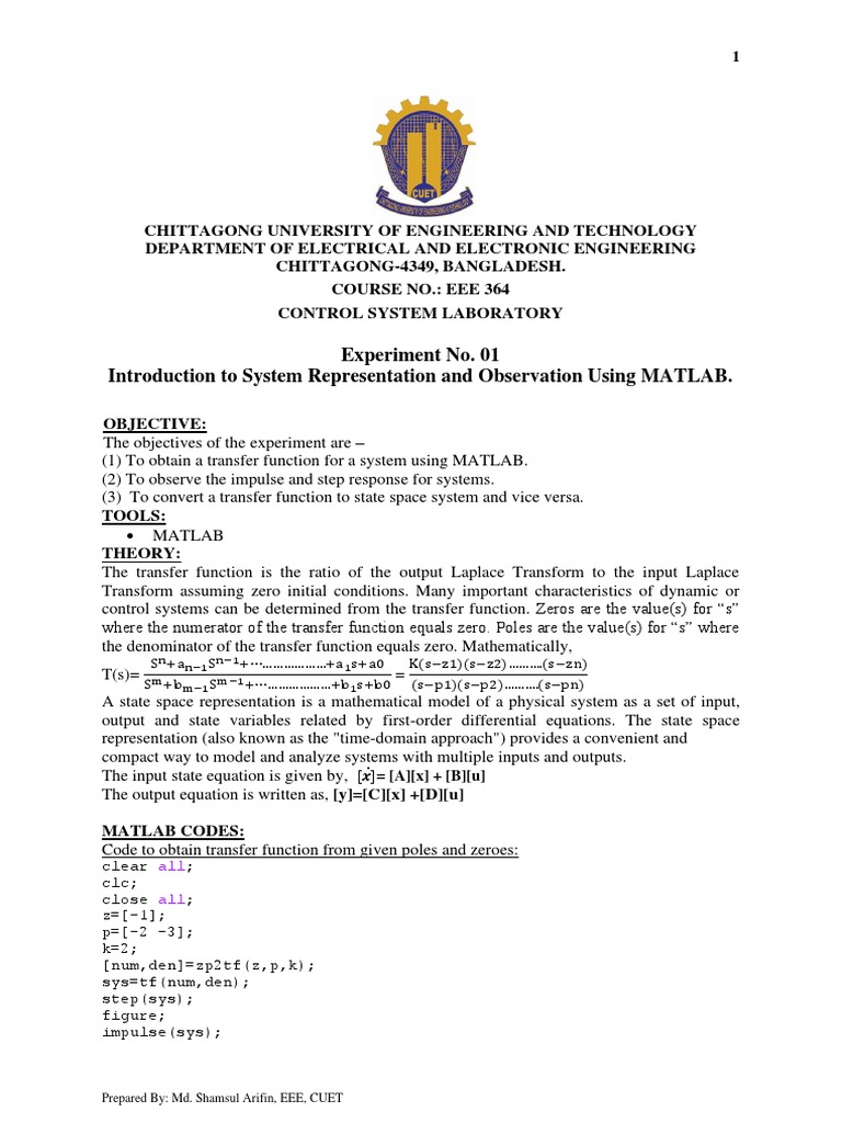 Experiment No. 01 Introduction To System Representation and Observation Using MATLAB | PDF ...