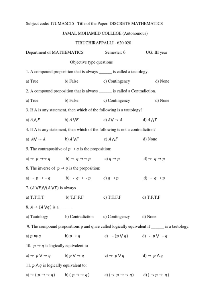 Discrete Mathematics 17UMA6C15 | PDF | Contradiction | Logical Expressions