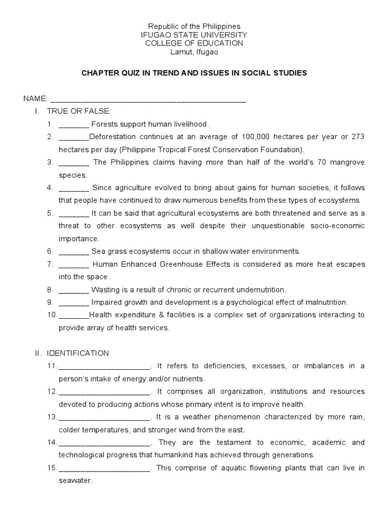 Social Studies Quiz: Trends & Issues | PDF | Ecosystem | Environmental ...