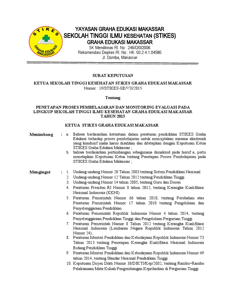 SK Penetapan Proses Pembelajaran Dan Monitoring Evaluasi | PDF