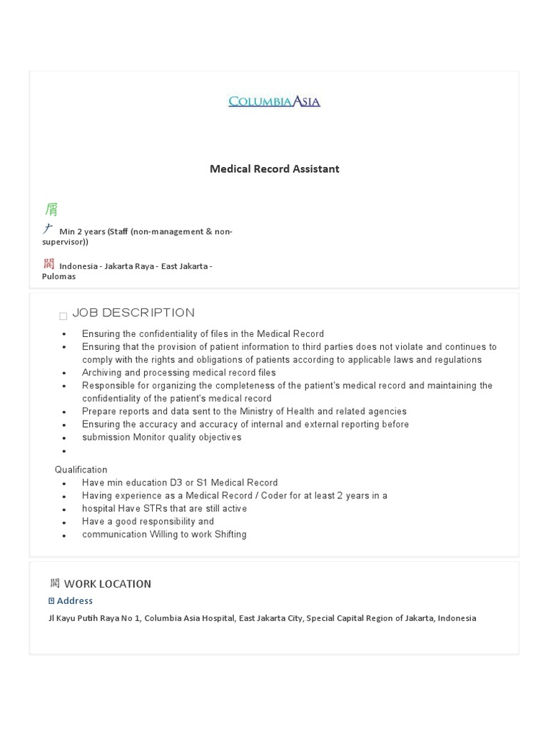 Medical Record Assistant: Job Description | PDF | Business