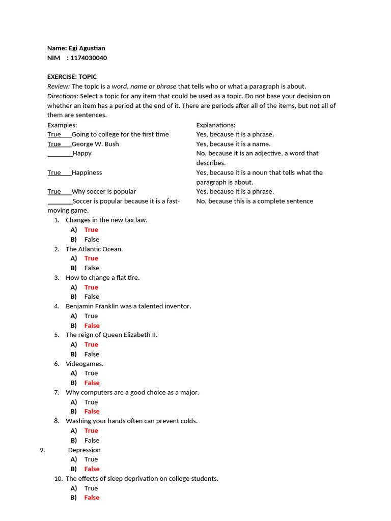 Exercise Topic Only | PDF