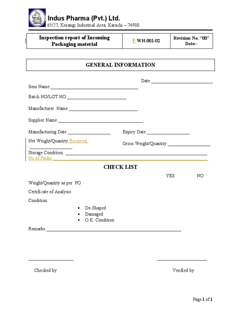 Inspection Report of Incoming PM | PDF