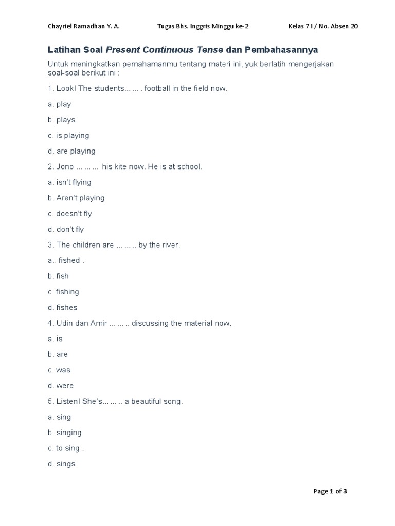 Soal Present Continuous Tense Kelas 7 | PDF | Linguistics | Semantics