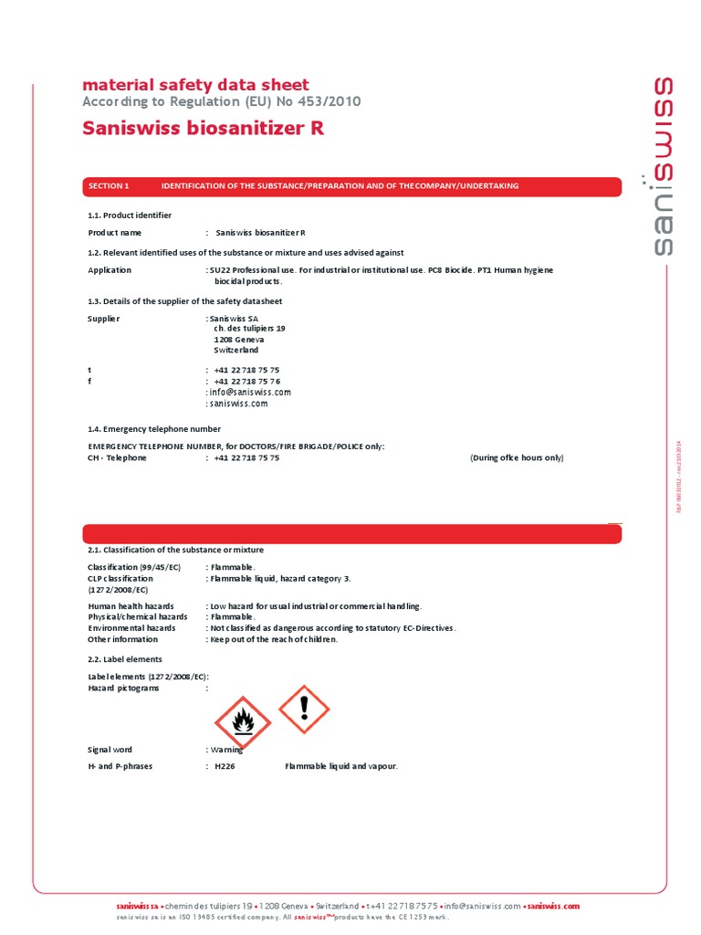 Saniswiss Biosanitizer R: Material Safety Data Sheet | PDF | Dangerous ...