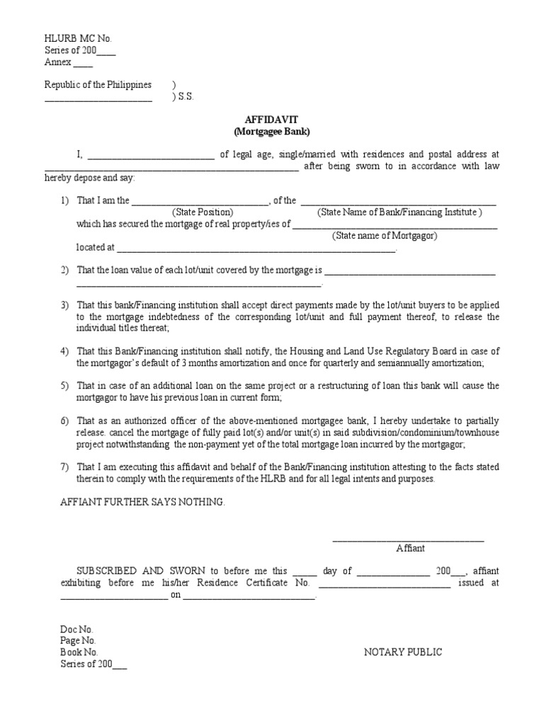 Affidavit Mortgagee Bank PDF | PDF | Mortgage Law | Affidavit