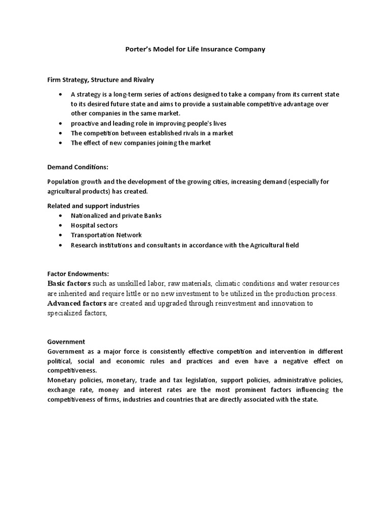 Porter's Model For Life Insurance Company: Firm Strategy, Structure and ...