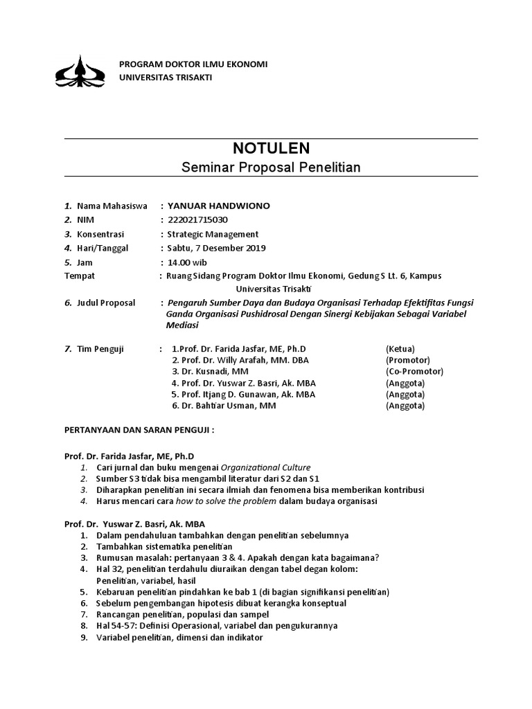 STRA-Notulen Seminar Proposal - Yanuar Handwiono | PDF