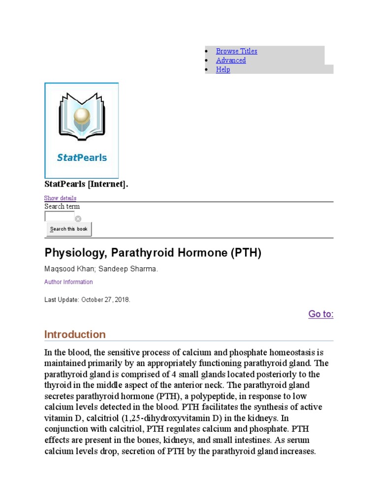 Physiology, Parathyroid Hormone (PTH) : Statpearls (Internet) | PDF ...