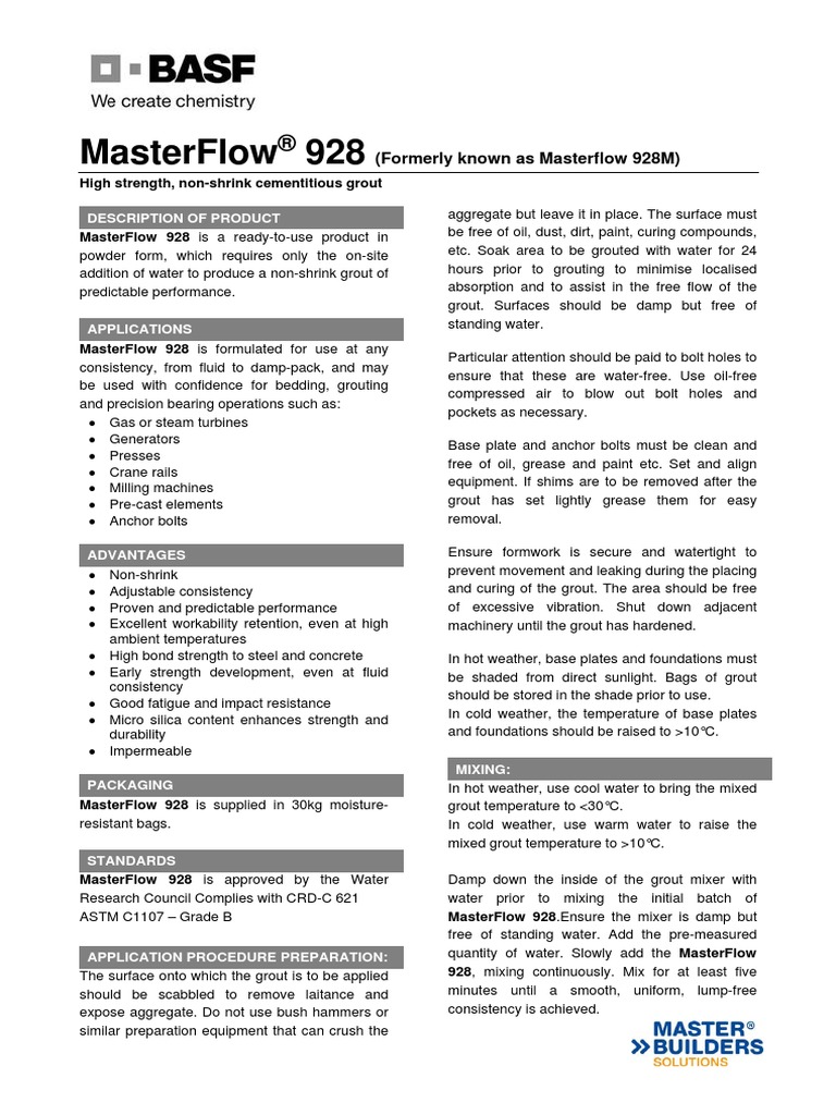 Masterflow 928 Tds | PDF | Strength Of Materials | Concrete