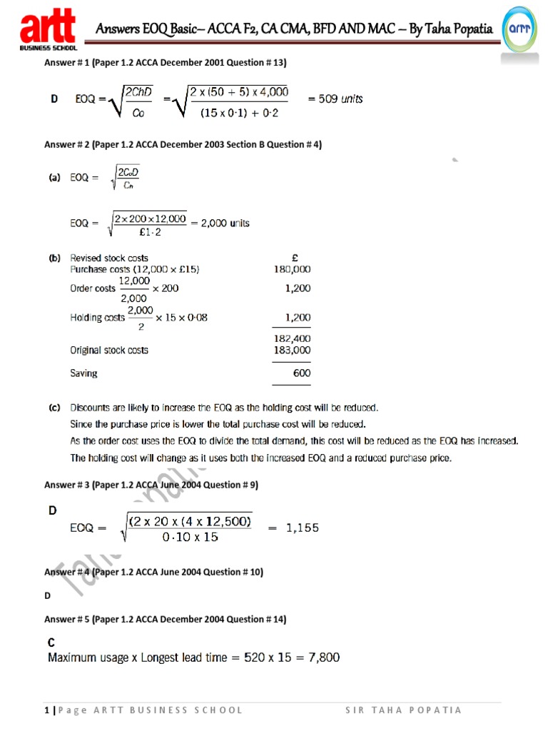 Answers EOQ Basic - ACCA F2, CA CMA, BFD AND MAC - by Taha Popatia ...