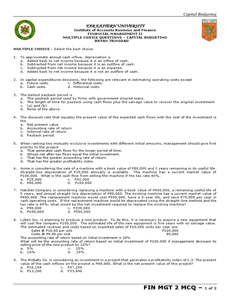 MCQ Capital Budgeting PDF Capital Budgeting Depreciation