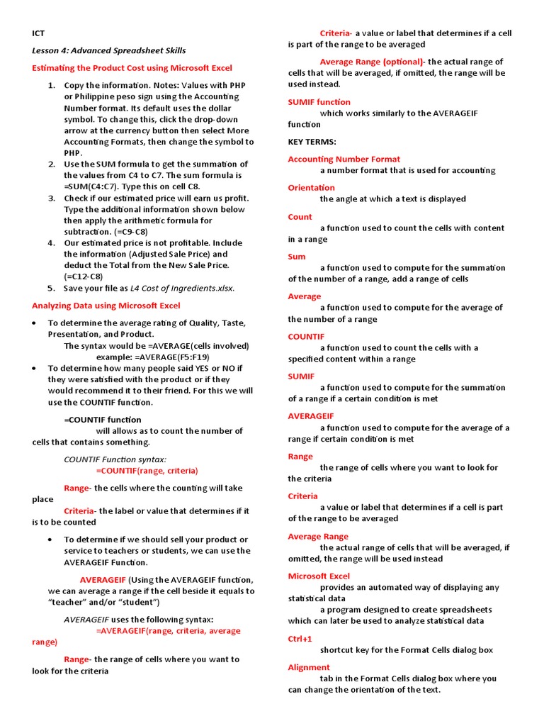 Lesson 4: Advanced Spreadsheet Skills: COUNTIF Function Syntax | PDF | Microsoft Excel | Summation