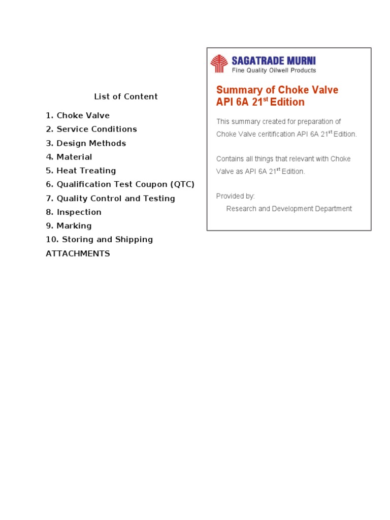 Summary of Choke Valve API 6A 21 Edition | PDF | Heat Treating ...