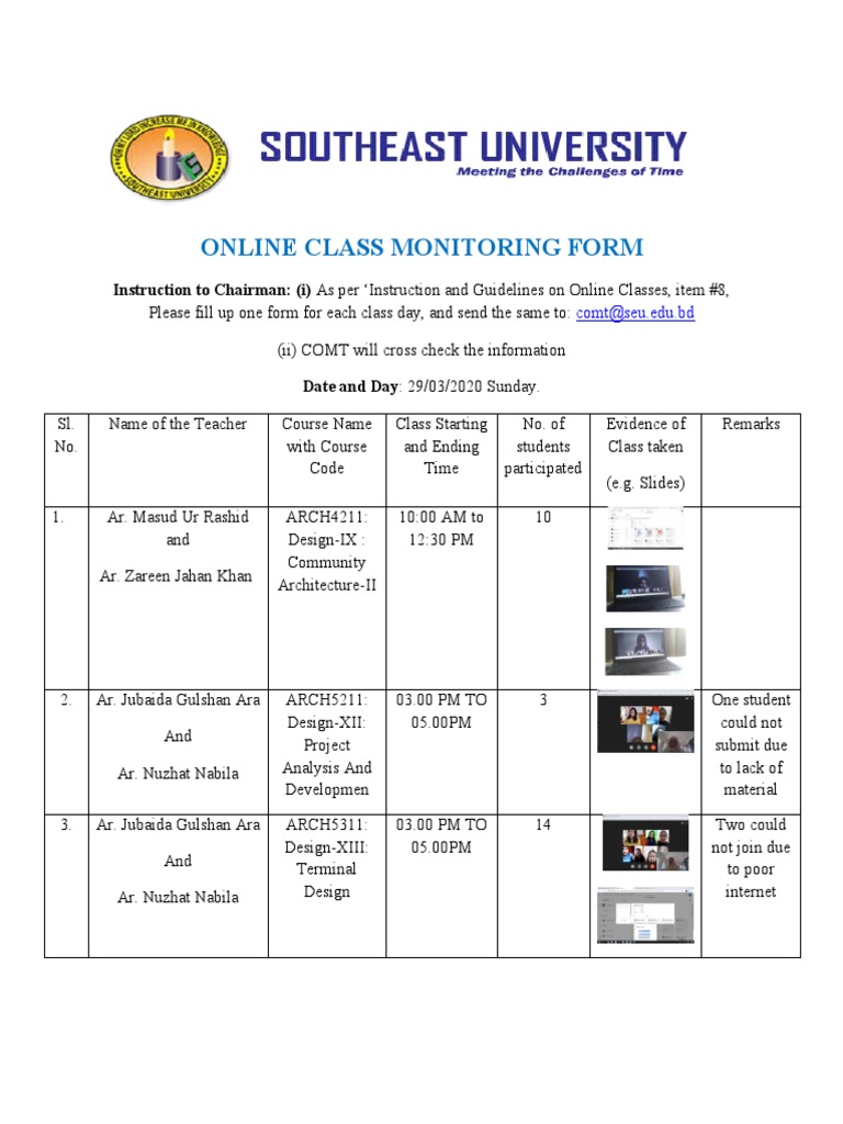 Online Class Monitoring Form Instruction To Chairman I As Per