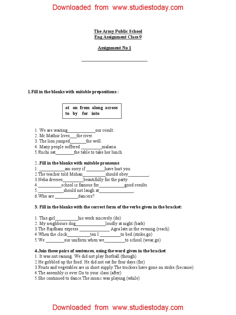 Preposition Exercises for Class 9 | PDF | Language Arts & Discipline ...