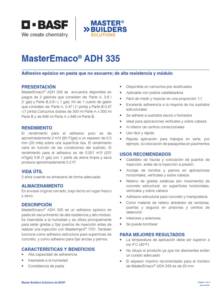 Basf Masteremaco Adh 335 - Ficha Técnica PDF | PDF | Hormigón | Información