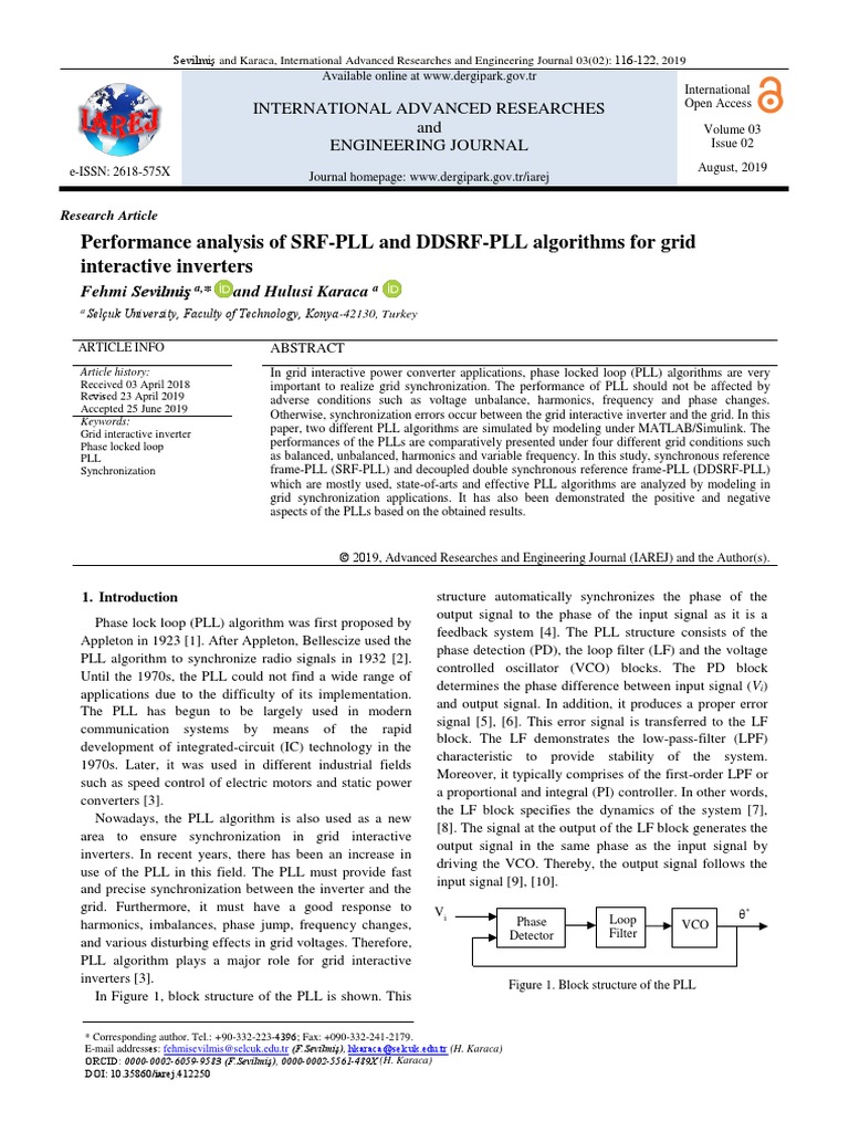 Performance Analysis of SRF-PLL and DDSRF-PLL Algorithms For Grid Interactive Inverters | PDF ...